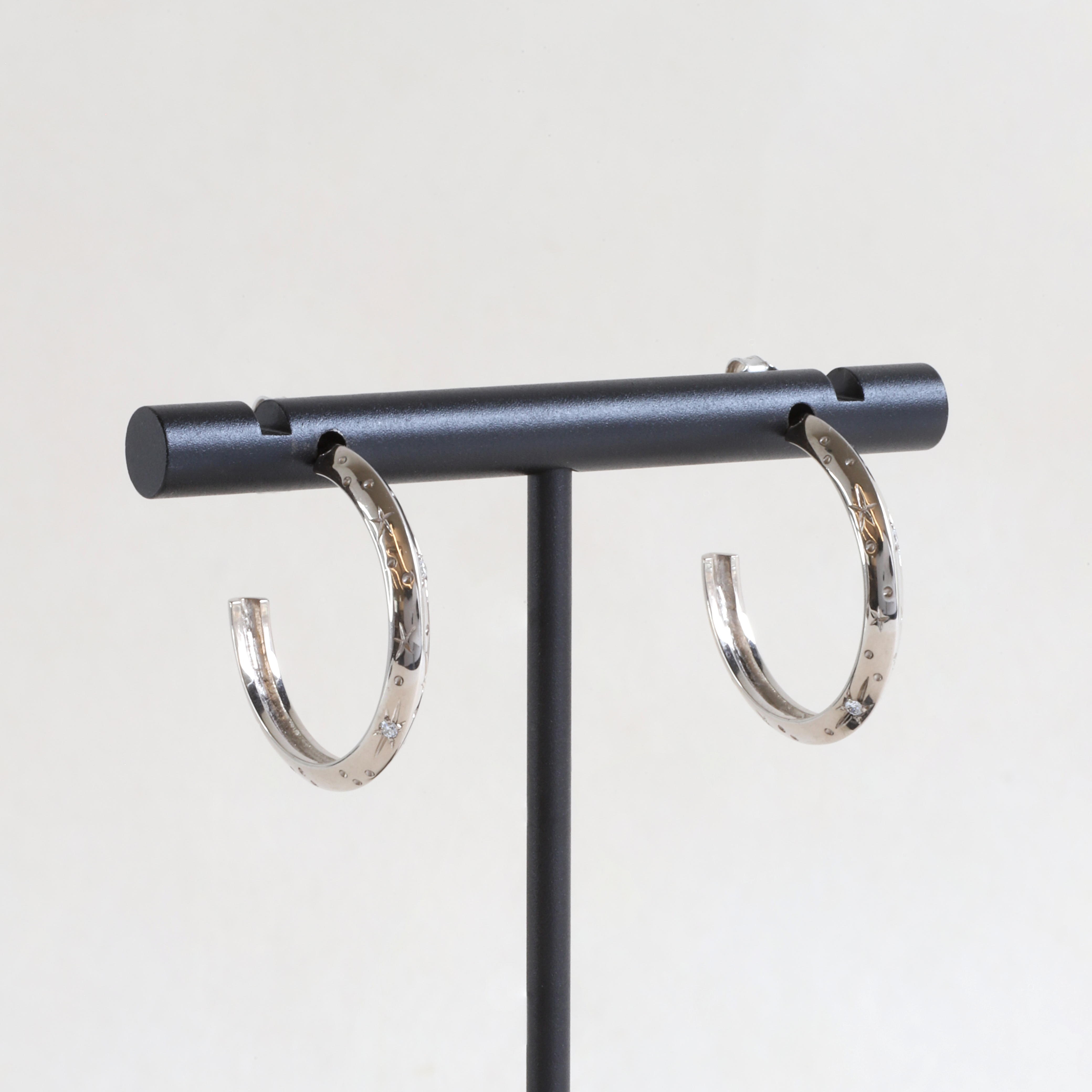 Diamond Knife Edge Hoops with Star Engraving in White