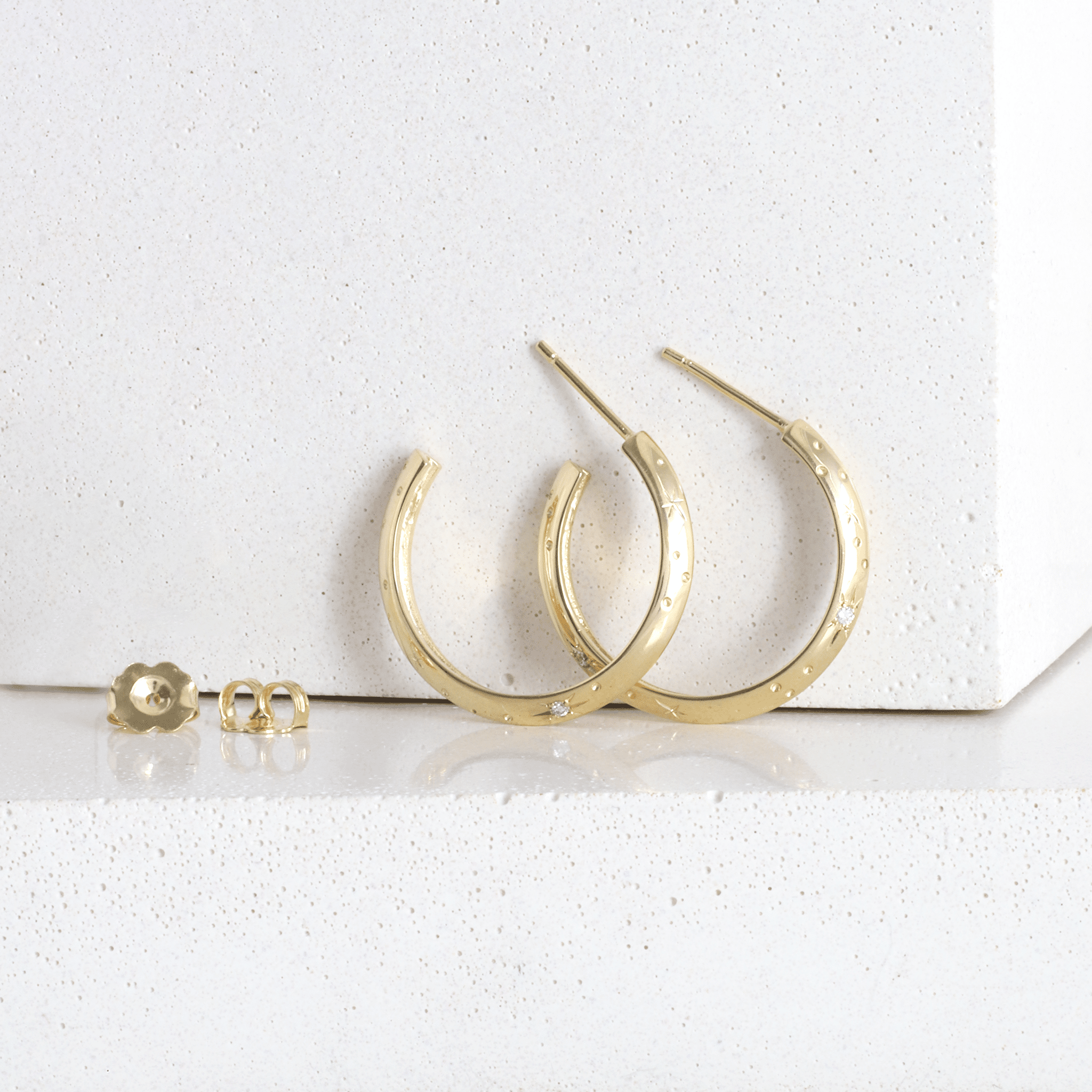 Diamond Knife Edge Hoops with Star Engraving in Yellow
